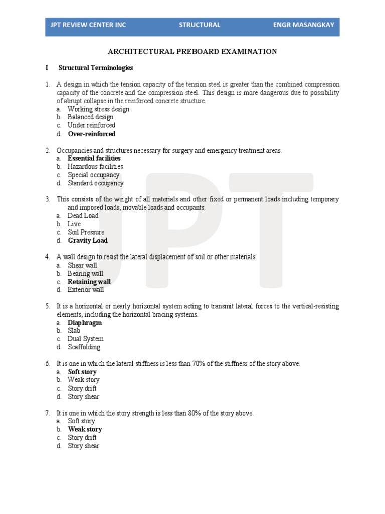 Architectural Preboard Examination | PDF | Concrete | Prestressed Concrete