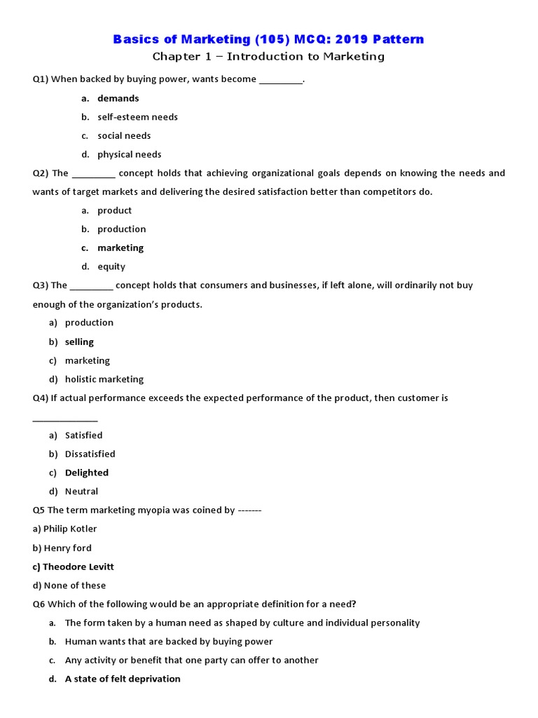 Basics of Marketing (105) MCQ: 2019 Pattern: Chapter 1 - Introduction ...