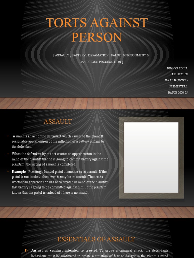 Torts Against Person: (Assault, Battery, Defamation, False Imprisonment ...