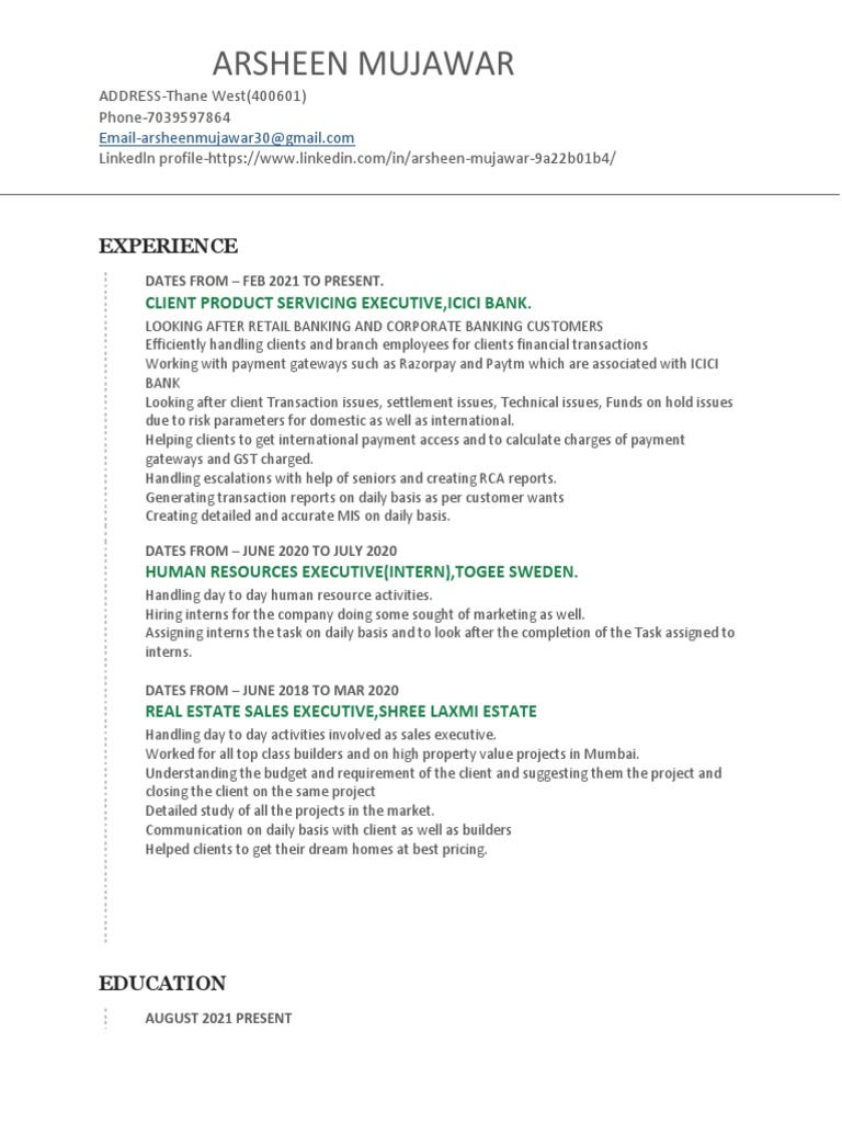 Arsheen Mujawar: Experience | PDF | Banks | Sales