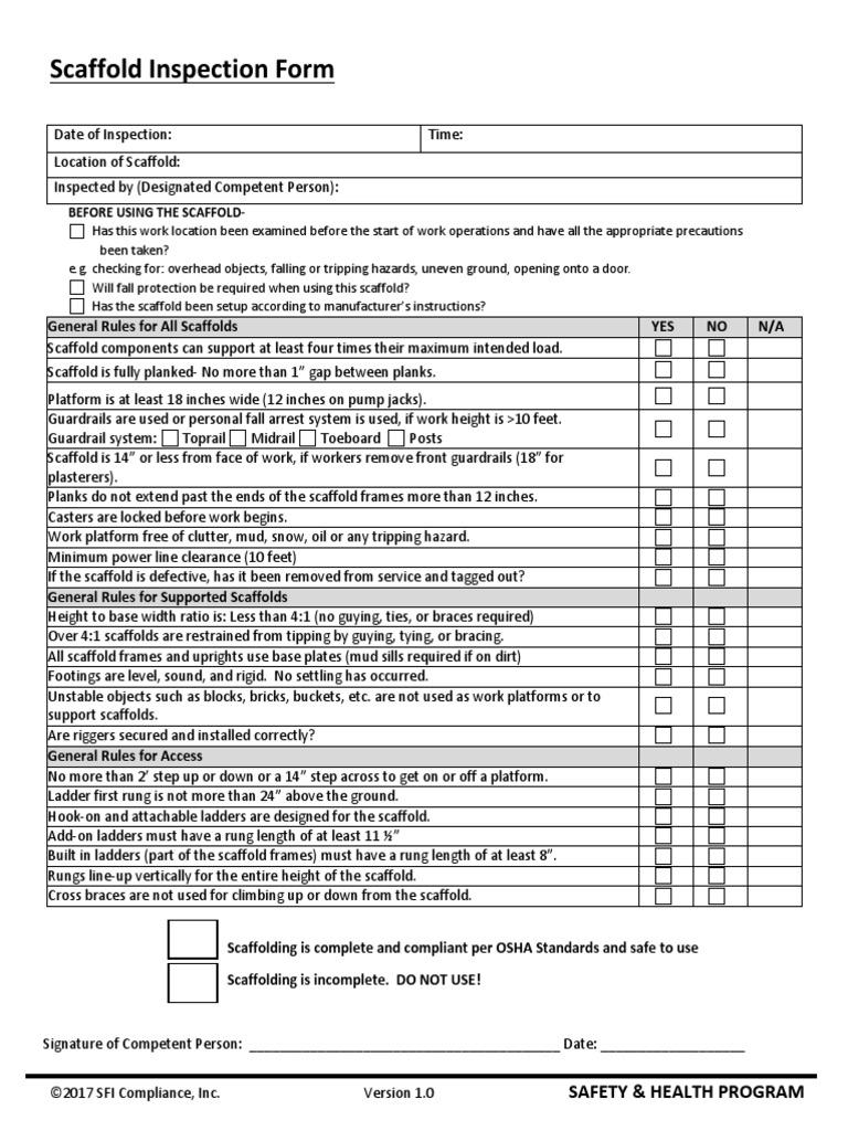 Scaffold Inspection Form: General Rules For All Scaffolds YES NO N/A ...