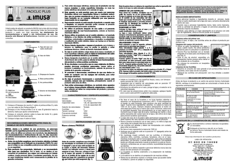 Manual Instrucciones Licuadora Faciclic Plus | PDF | Enchufes y tomas de corriente alterna ...