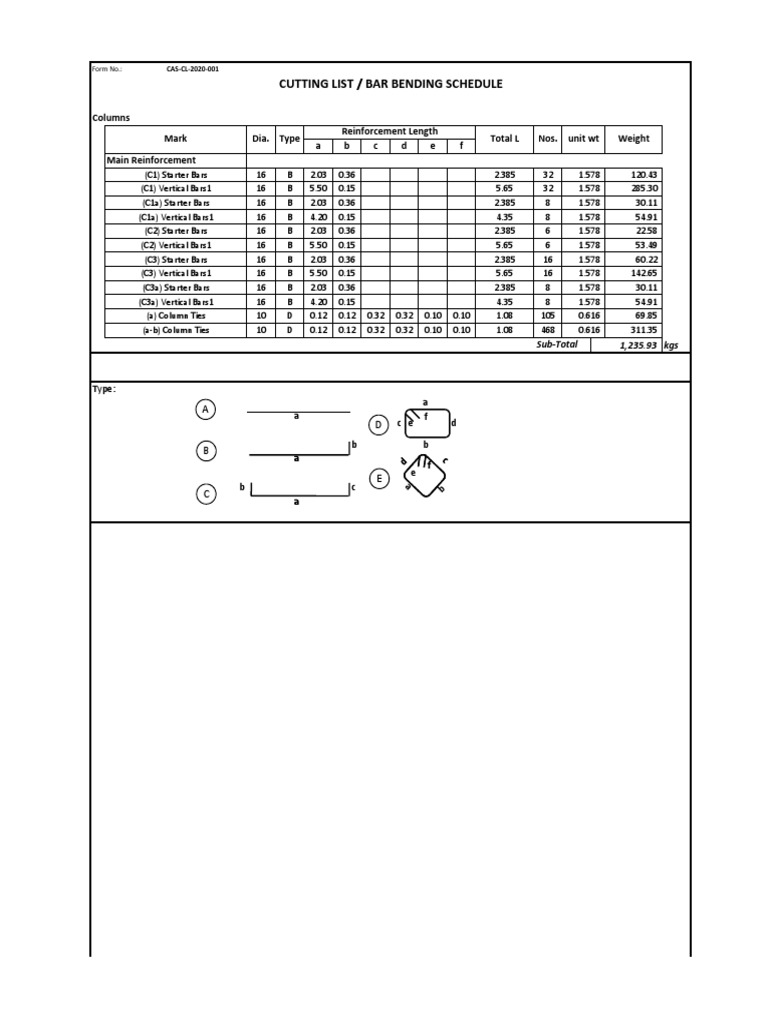 Rebar Cutting List for Columns | PDF