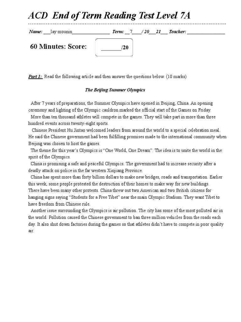 ACD End of Term Reading Test Level 7A: 60 Minutes: Score | PDF | China ...
