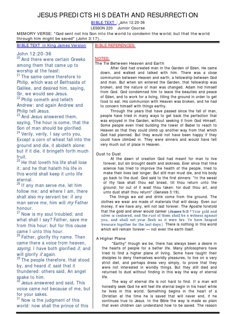 JESUS PREDICTS HIS DEATH AND RESURRECTION - Junior Curriculum ...