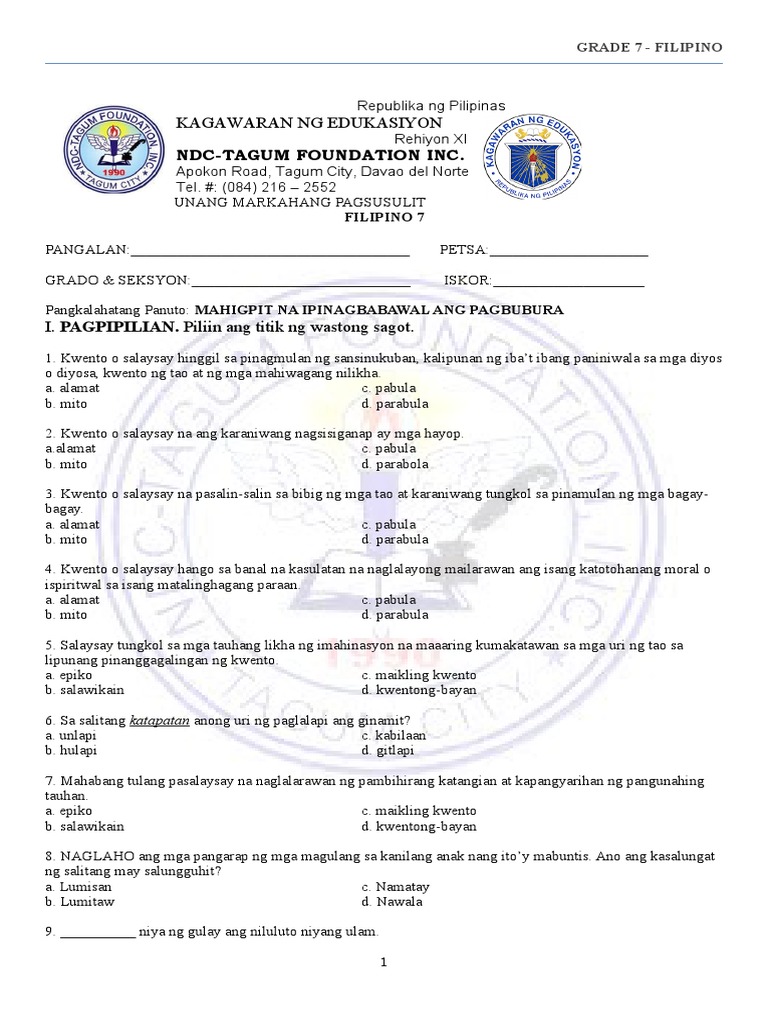 1st Grading Exam (Grade-7 FIL) | PDF