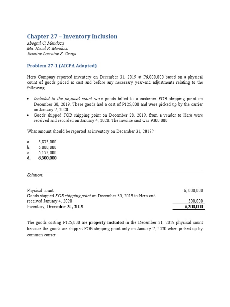 Chapter 27 - Inventory Inclusion: Problem 27-1 (AICPA Adapted) | PDF | Accounts Payable | Business