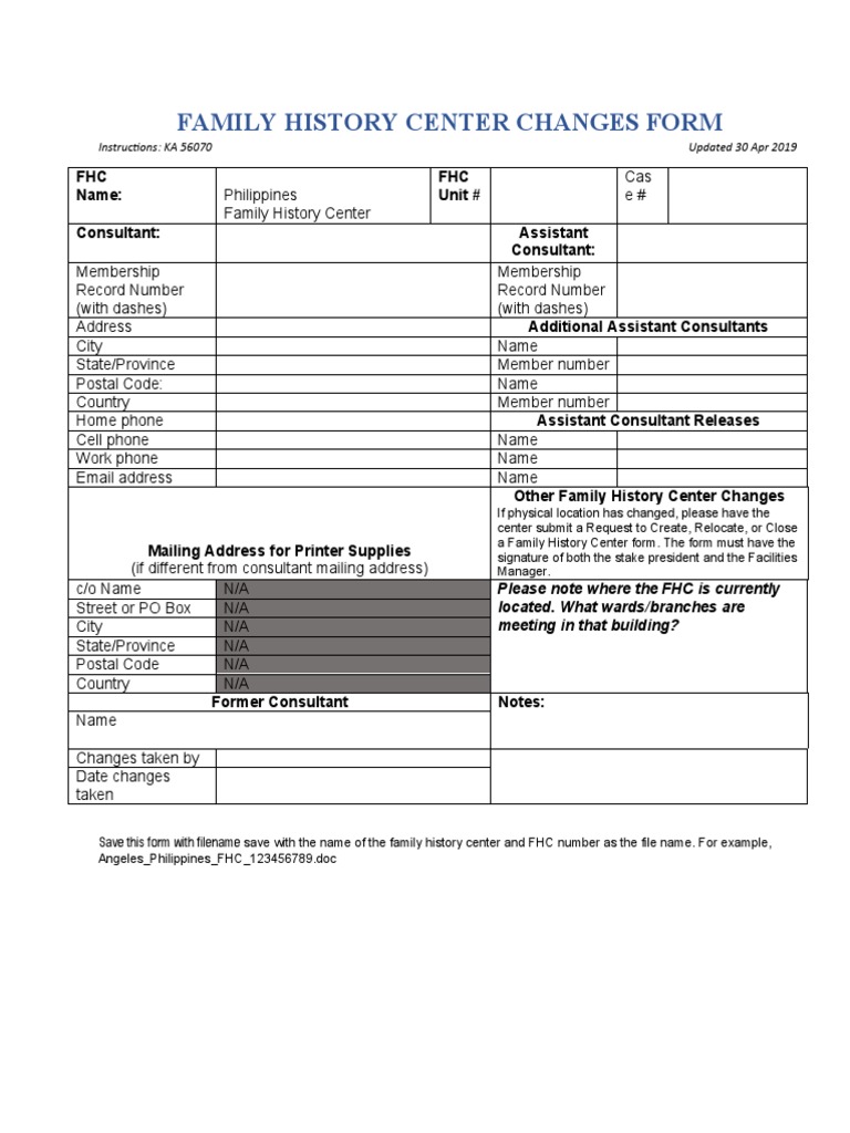 Family History Center Update Form | PDF | Mail | Network Service