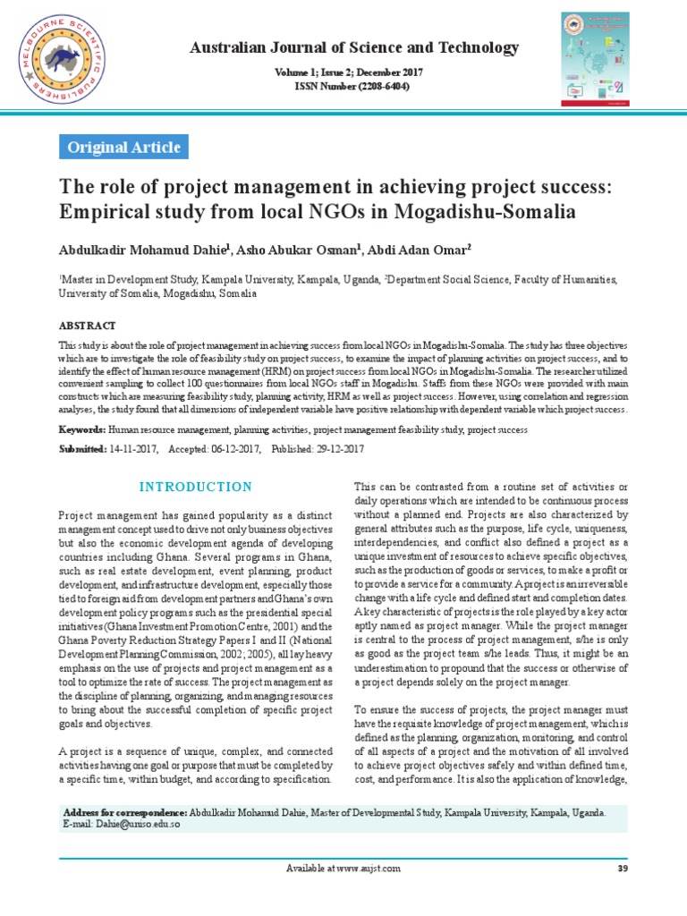 The Role of Project Management in Achieving Project Success: Empirical ...
