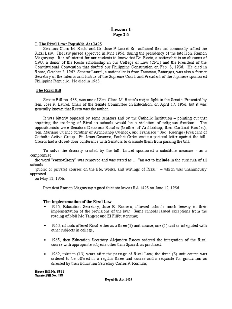 Lesson 1: Page 2-6 I. The Rizal Law: Republic Act 1425 | Download Free ...