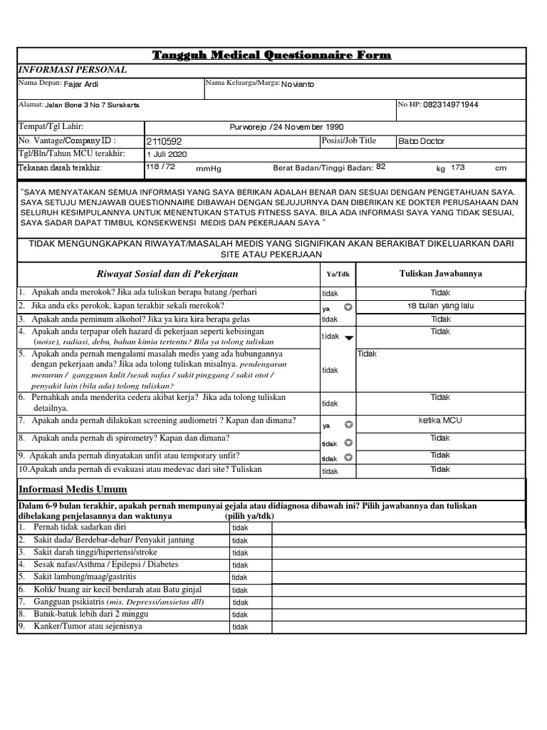 Tangguh Medical - Questionnaire - Bahasa Final2020 | PDF