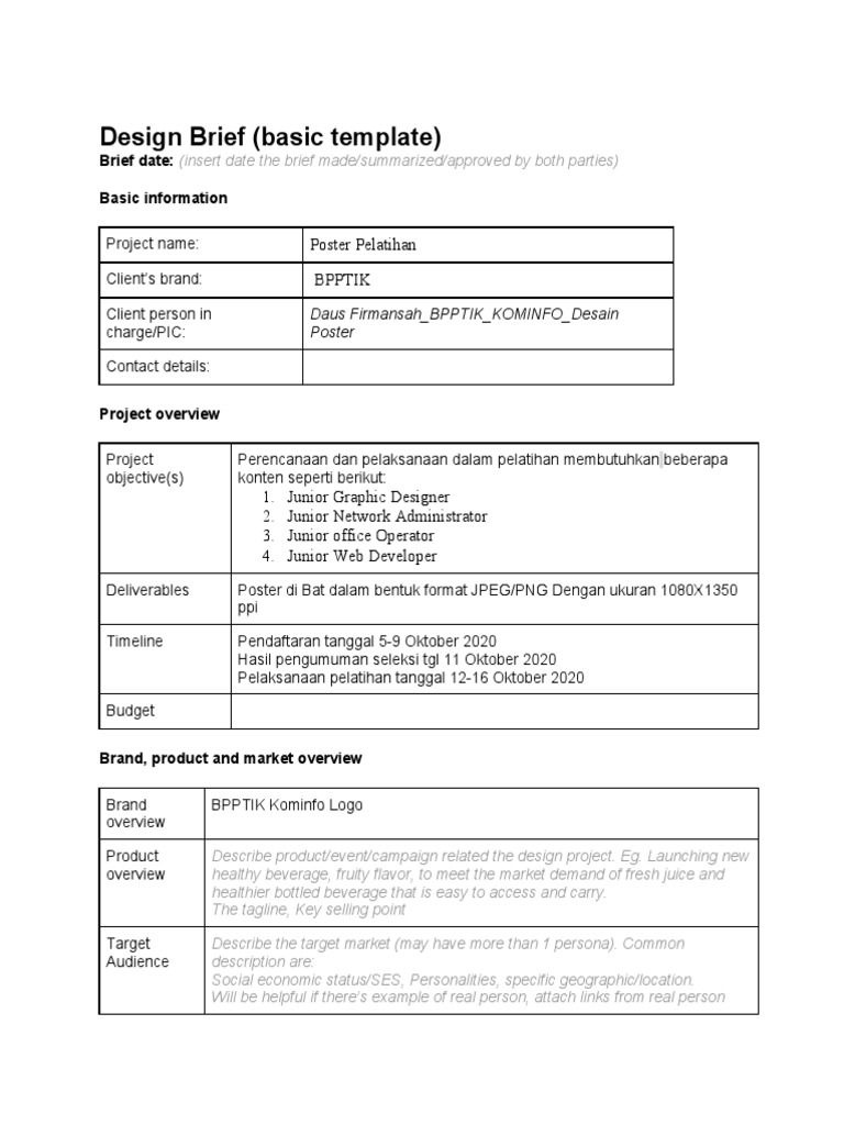 Design Brief (Basic Template) : Poster Pelatihan Bpptik | PDF | Brand ...
