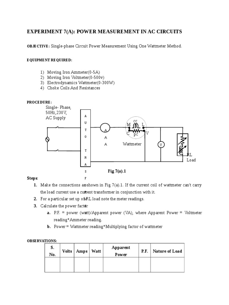 Experiment 7 (A) : Power Measurement in Ac Circuits: Objective | PDF ...