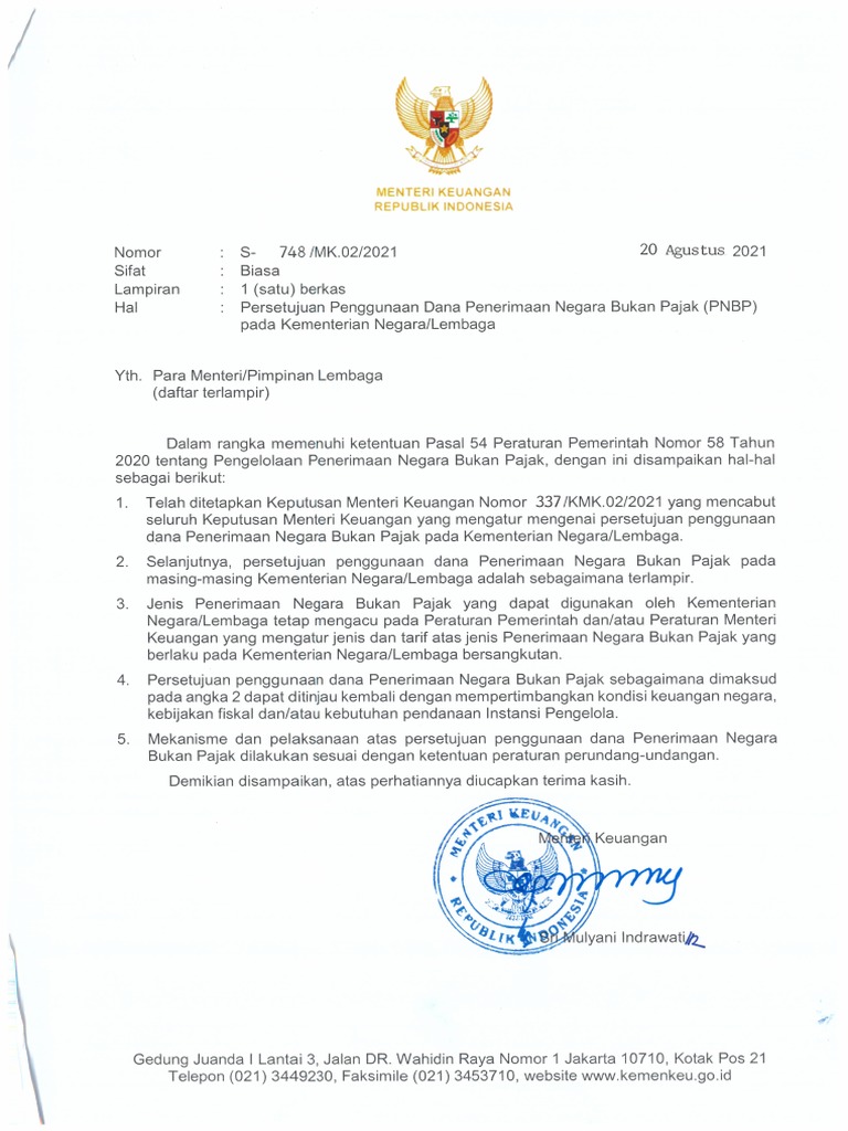Surat Menkeu 748 Tahun 2021 (Lampiran 14) TTG Izin Penggunaan PNBP ...