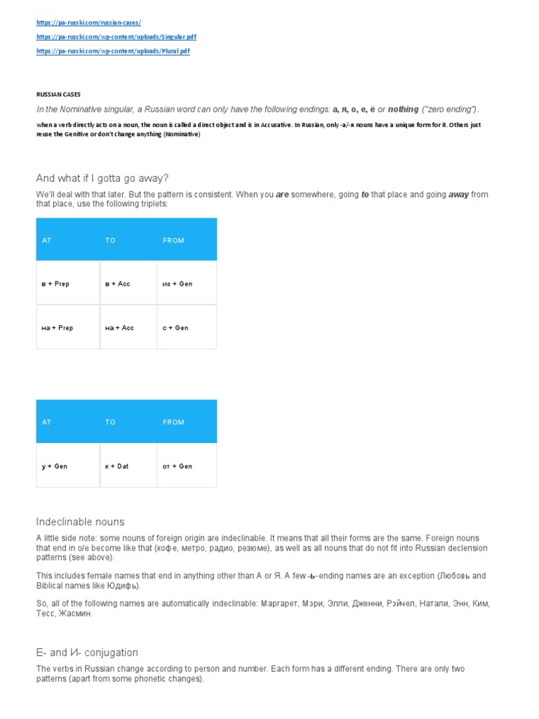 RUSSIAN CASES Summary Check List | PDF | Adjective | Verb