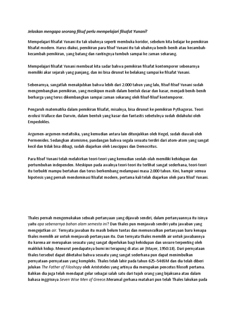 Jelaskan Mengapa Seorang Filsuf Perlu Mempelajari Filsafat Yunani | PDF