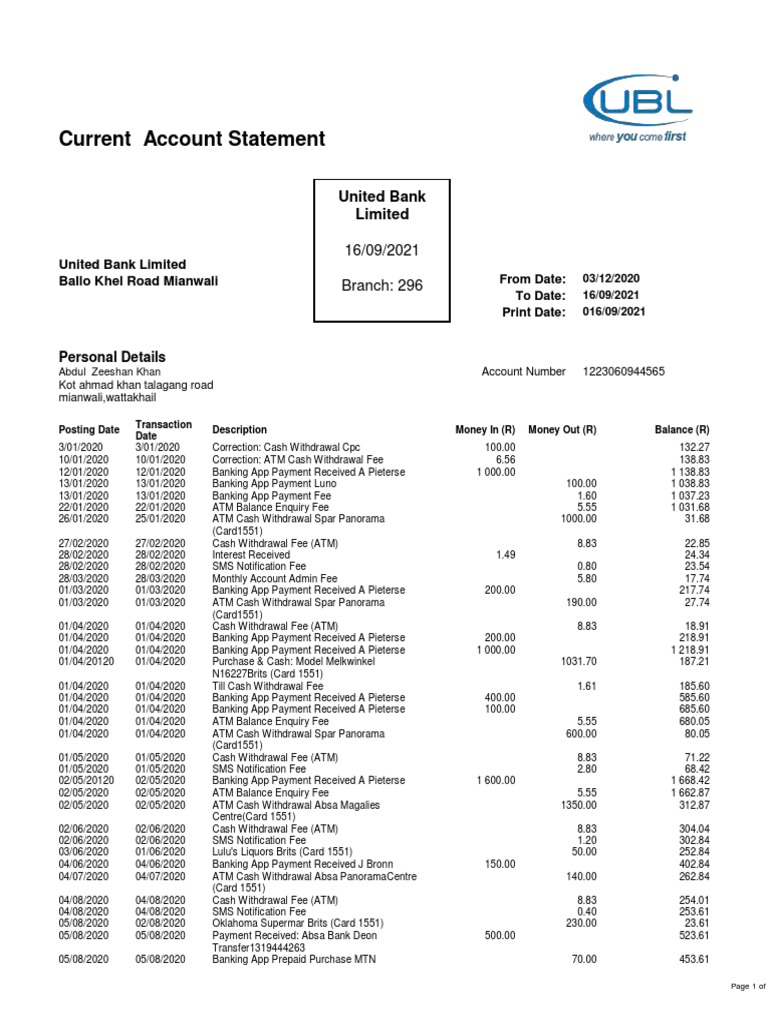 Current Account Statement: United Bank Limited | Download Free PDF ...