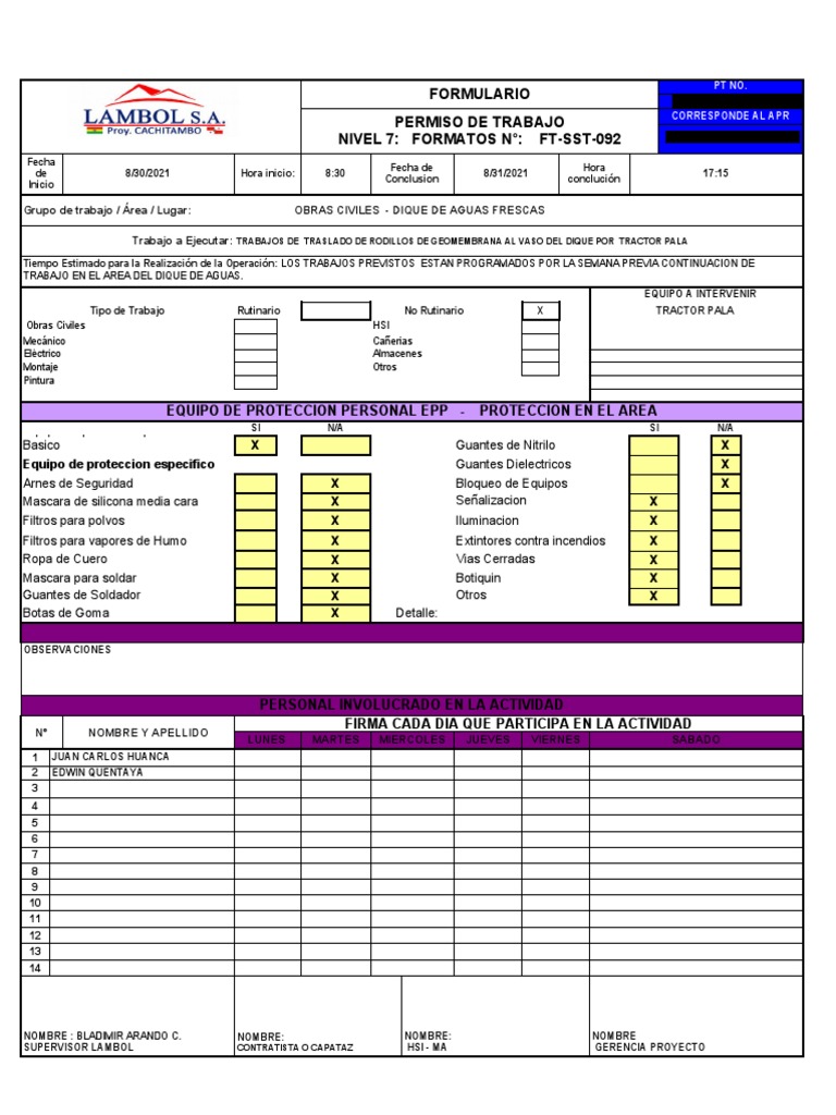 Formato PT Ft-sst-092-1 Version Actual Corte de Desarenador 02-08-21 | PDF