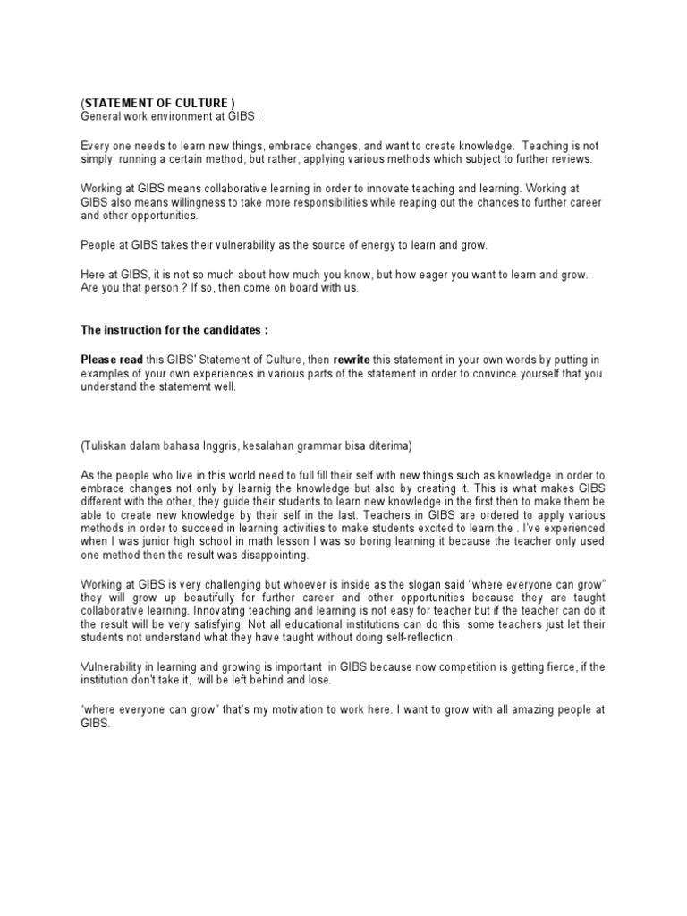 Statement of Culture | PDF | Teachers | Learning