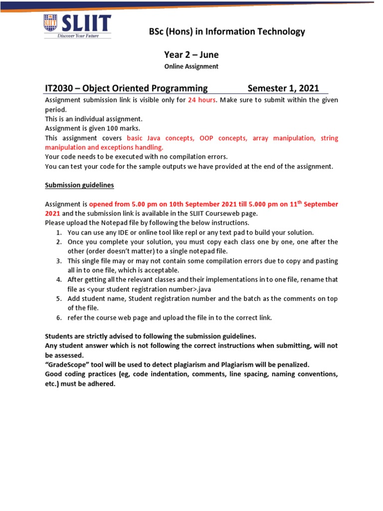 Online Assignement 2021 - IT2030 - June Intake | PDF | Object Oriented ...