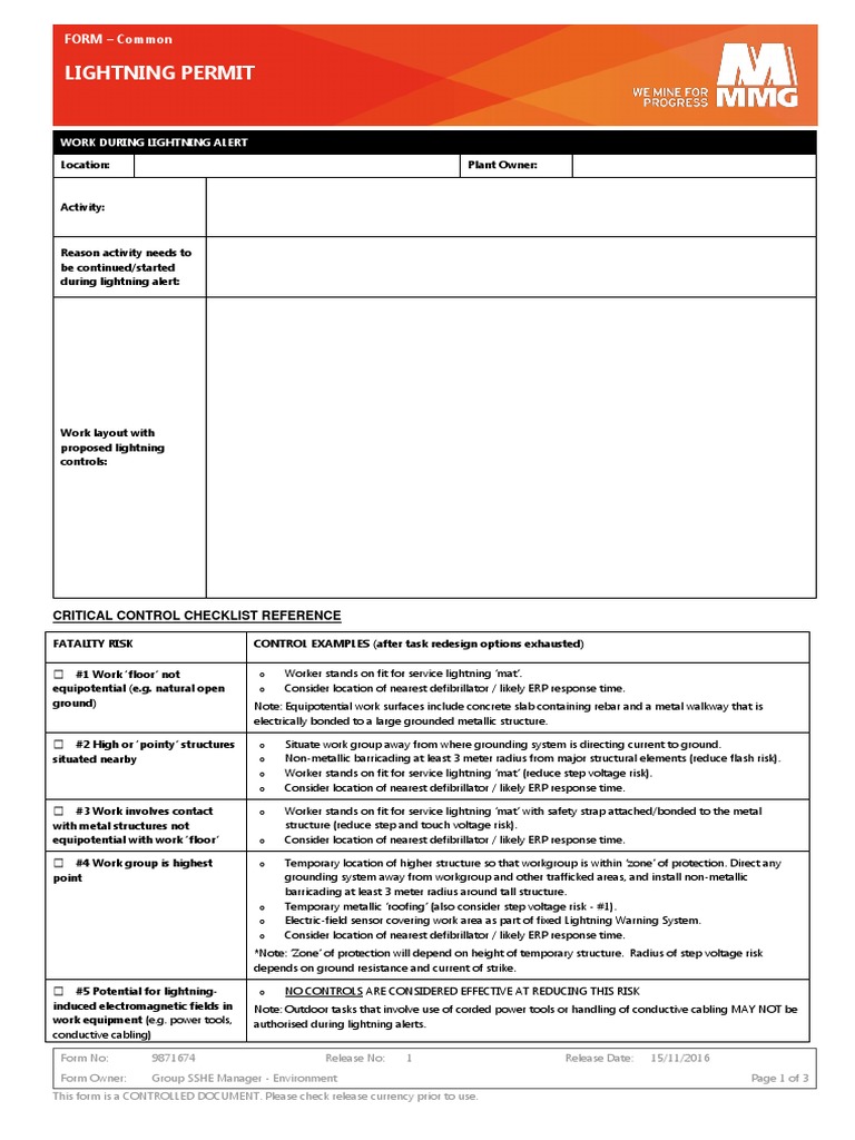 Lightning Permit Form for Work Safety | PDF | Electromagnetism ...