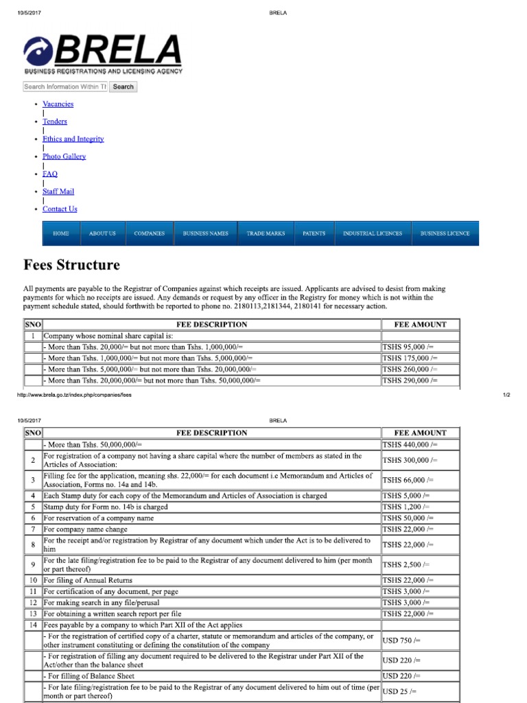 BRELA Company Fee Structure | PDF