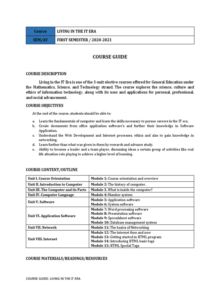 Course Guide: Course Living in The It Era Sem/Ay FIRST SEMESTER / 2020 ...