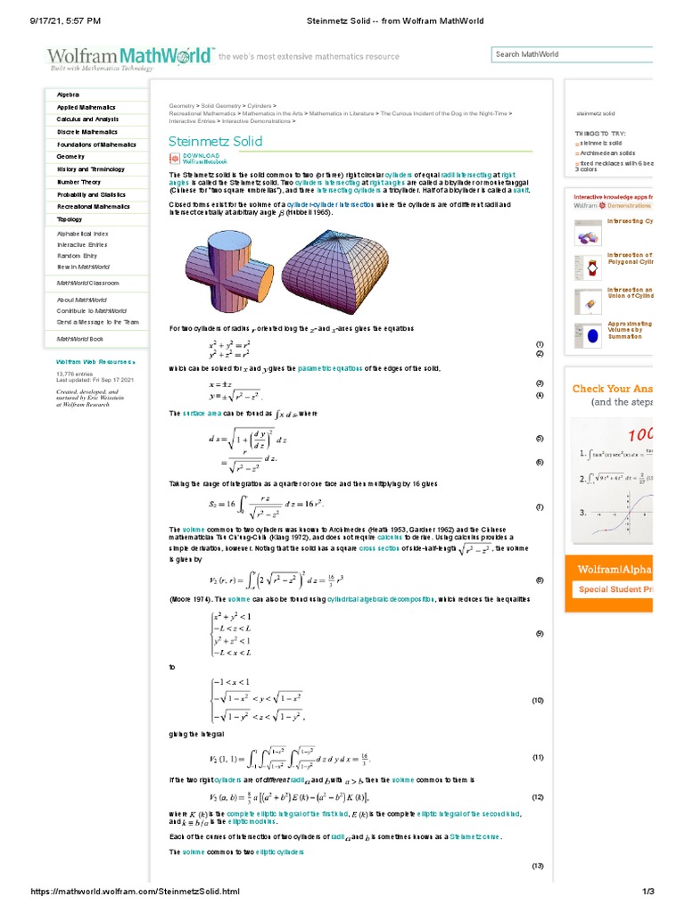 Steinmetz Solid - From Wolfram MathWorld | PDF | Mathematics ...