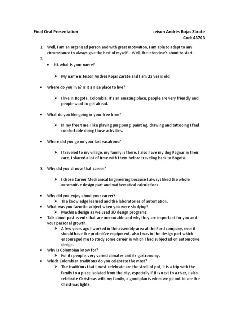 Final Oral Presentation Jeison Andrés Rojas Zárate Cod: 43703 | PDF | Career & Growth