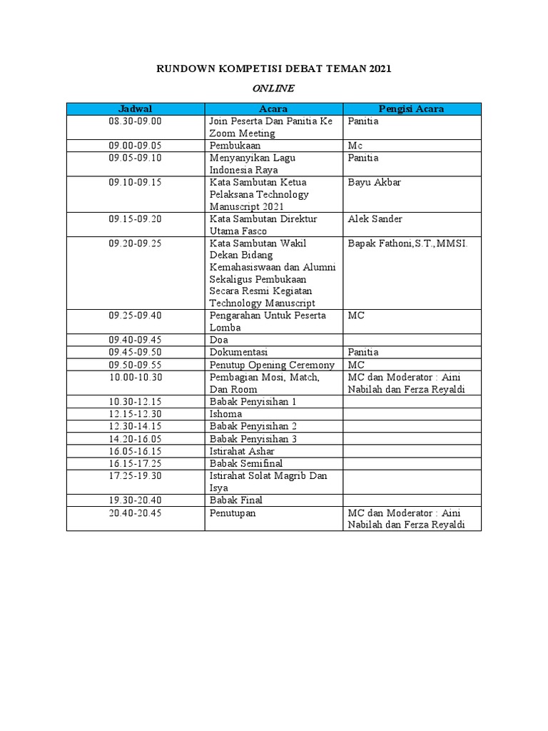 Rundown Kompetisi Debat Teman 2021 | PDF