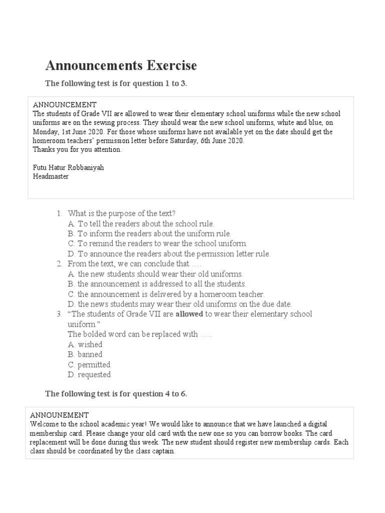 Announcements Exercise Kelas 10 (Tugas) | PDF | Banks | Internet