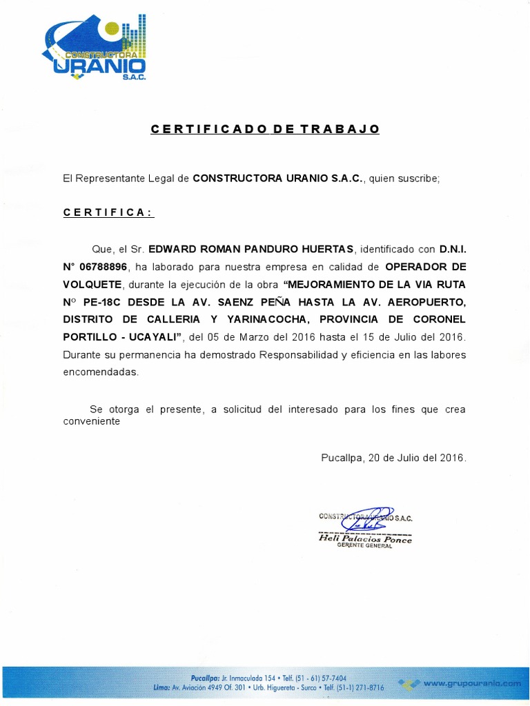 Certificado de Trabajo Operador de Volquete - Constructora Uranio | PDF
