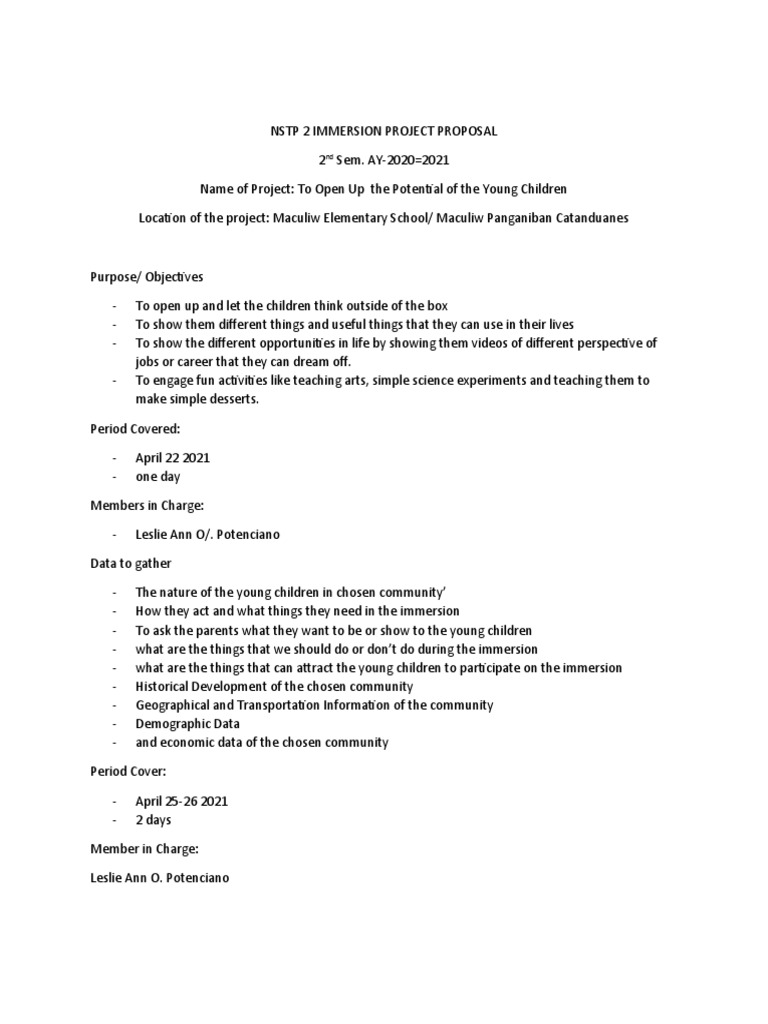 NSTP 2 IMMERSION PROJECT PROPOSAL Final | PDF