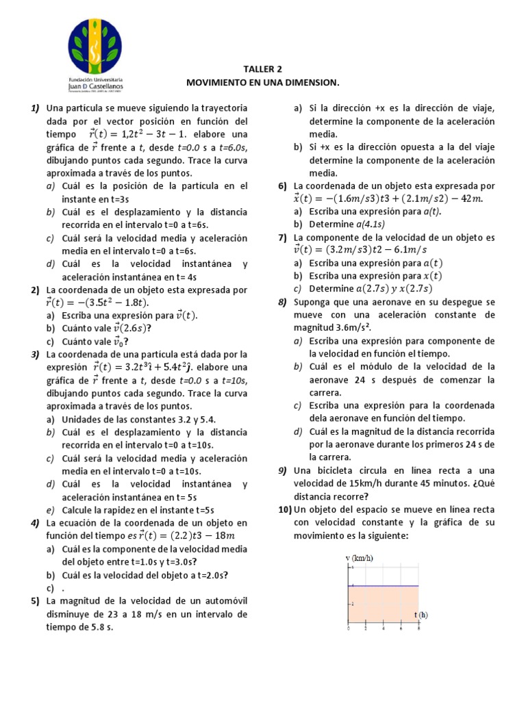 TALLER 2 MOVIMIENTO EN UNA DIMENSION FISICA 1 JDC | PDF | Aceleración ...