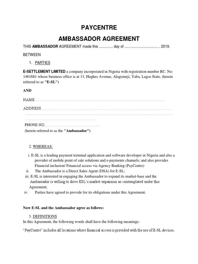 Ambassador Agreement | PDF | Financial Transaction | Justice