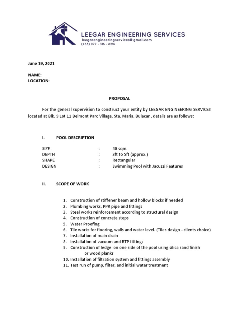 Pool Construction Proposal | PDF | Filtration | Civil Engineering
