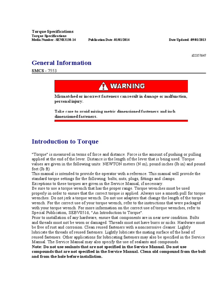 CAT Torque Specifications General Information | PDF | Screw | Mechanical Engineering