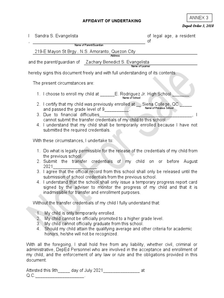 DepEd Affidavit of Undertaking Form | PDF | Social Institutions ...