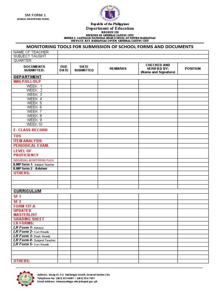 SM Form 1 Monitoring Tools For Submission of Teaching Materials | PDF