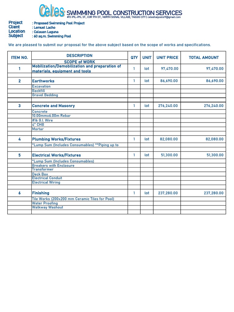 Swimming Pool Construction Services: Project Client Location Subject ...