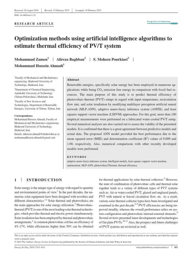 Optimization Methods Using Artificial Intelligence Algorithms To Estimate Thermal Efficiency of ...