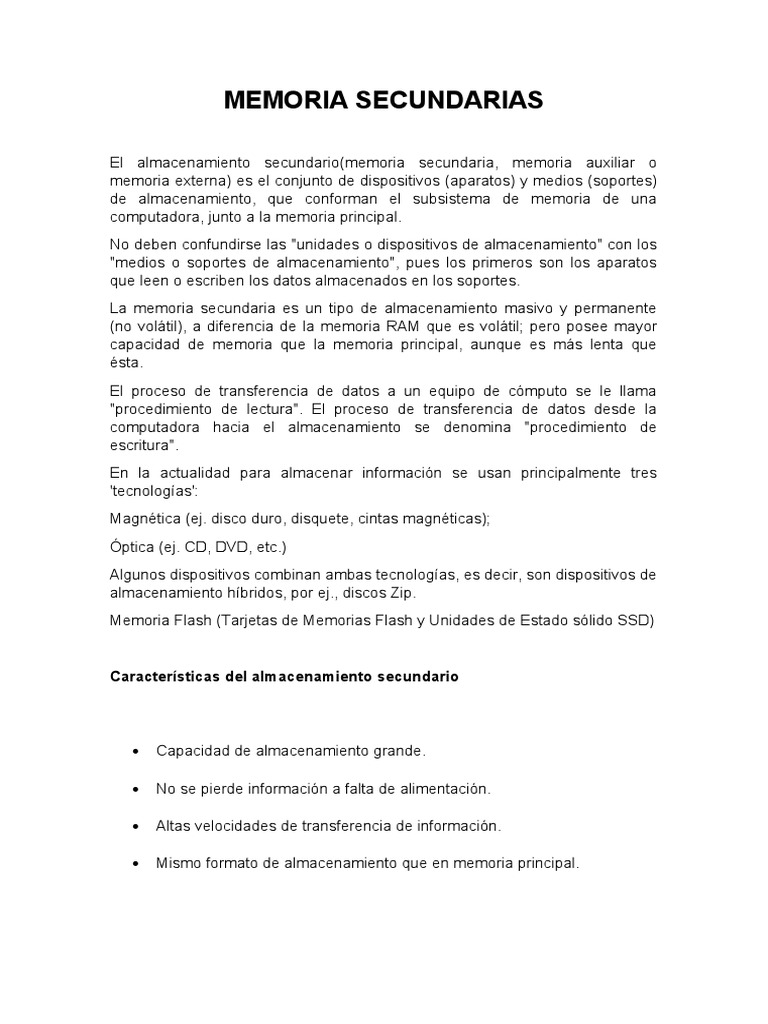 Características y Tipos de Memoria Secundaria | PDF | Almacenamiento de ...