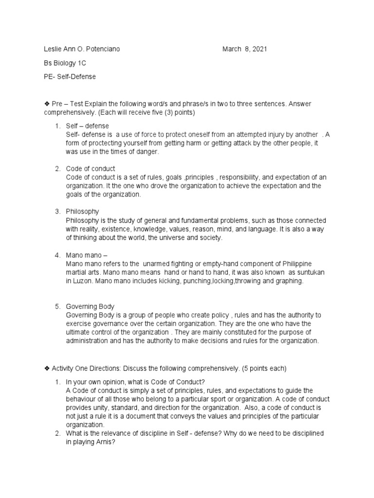 Module 1 PE Self-Defense Final | PDF | Goal | Cognition