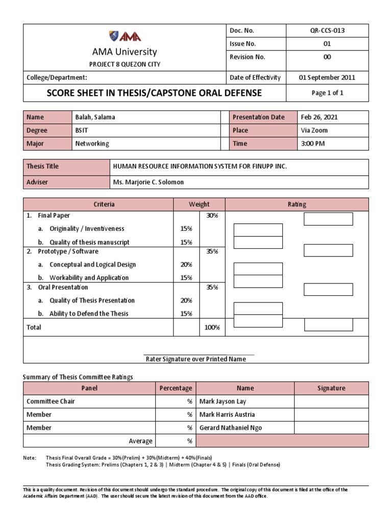 Score Sheet in Thesis/Capstone Oral Defense: AMA University | PDF ...