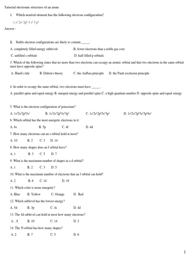 Tutorial Electronic Structure of An Atom | PDF | Electron Configuration ...