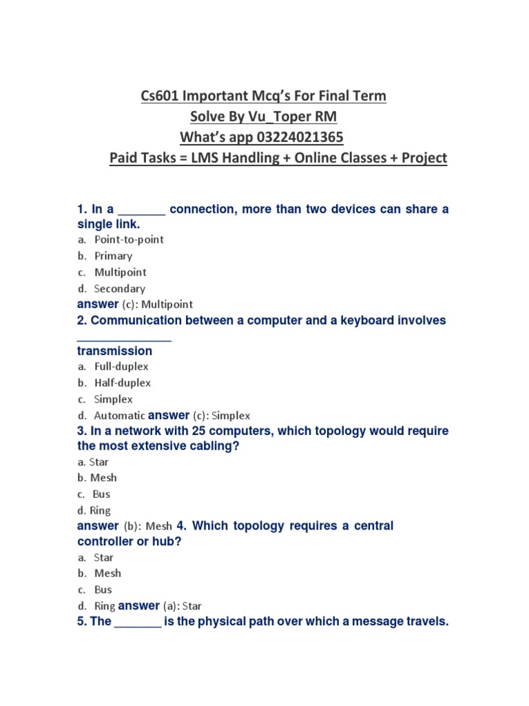 CS601 Final Term MCQs with Answers | PDF | Transmission Medium | Modulation