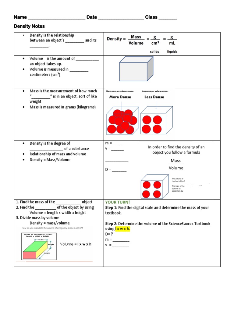 Name - Date - Class - Density Notes | PDF | Density | Volume