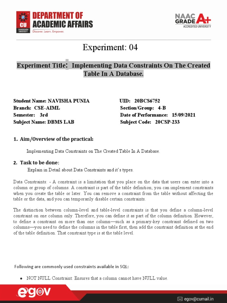 Experiment: 04: Experiment Title Implementing Data Constraints On The ...