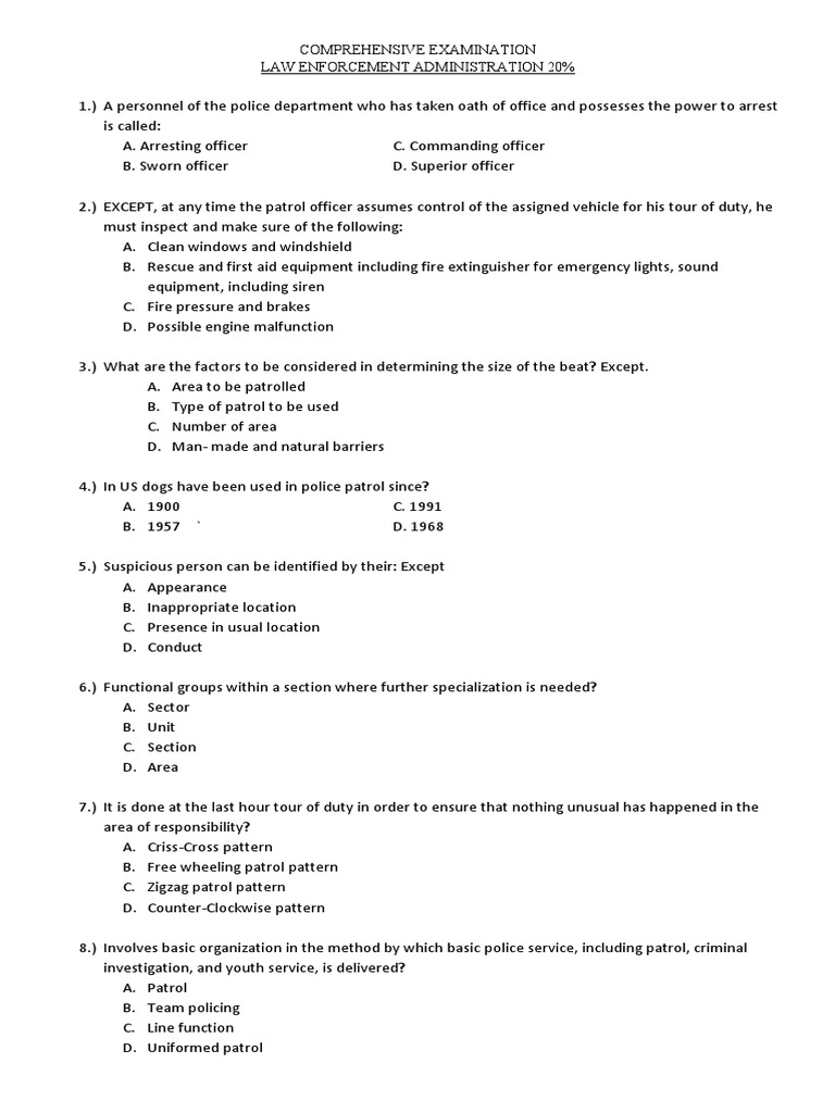 Comprehensive Examination Law Enforcement Administration 20% | PDF ...