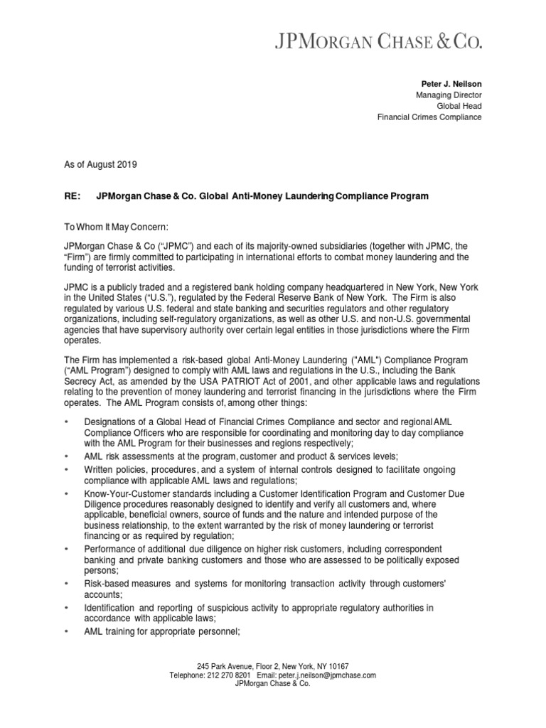 Re: Jpmorgan Chase & Co. Global Anti-Money Laundering Compliance ...